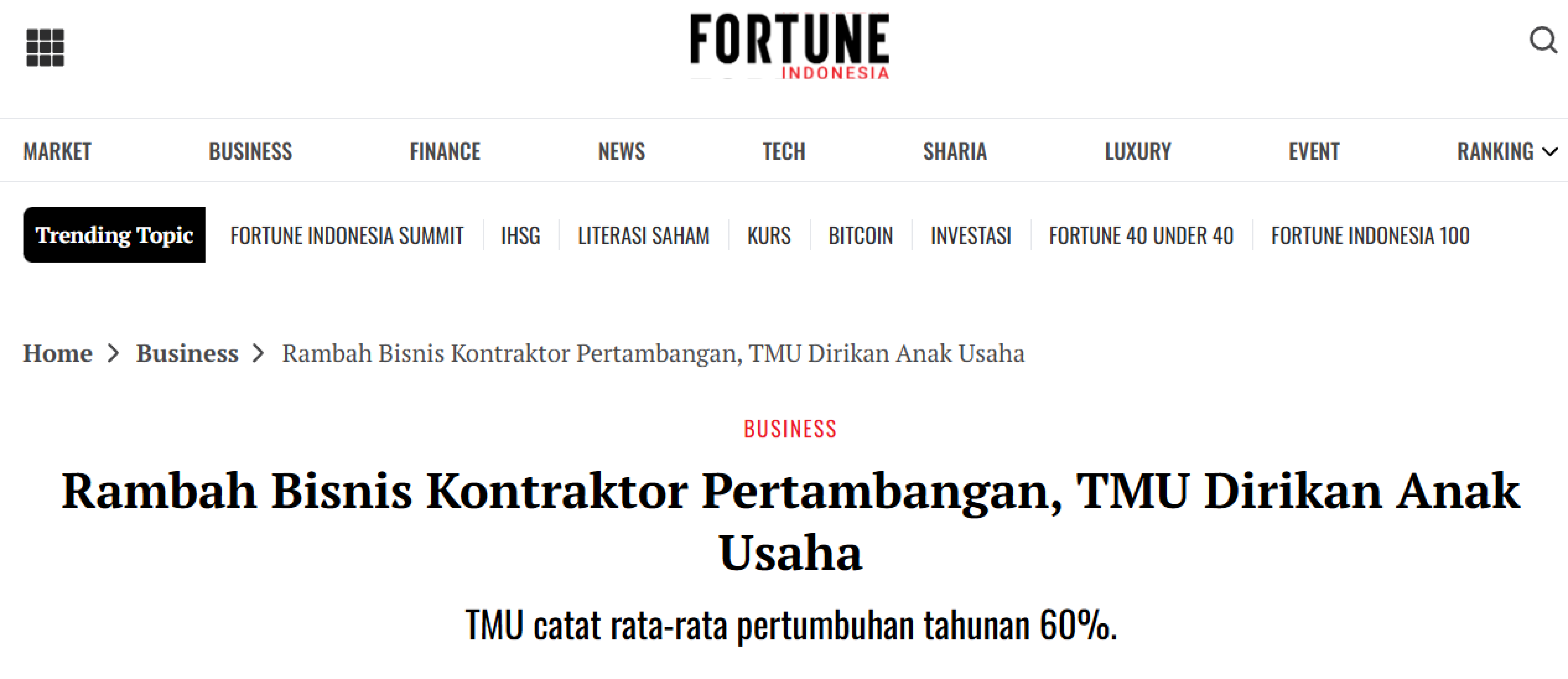 Rambah Bisnis Kontraktor Pertambangan, TMU Dirikan Anak Usaha - Tectona Mitra Utama
